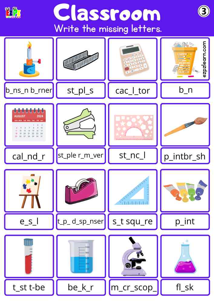Classroom Objects Fill in the Missing Letters Worksheet Set 3 Free Pdf - Ezpzlearn.com